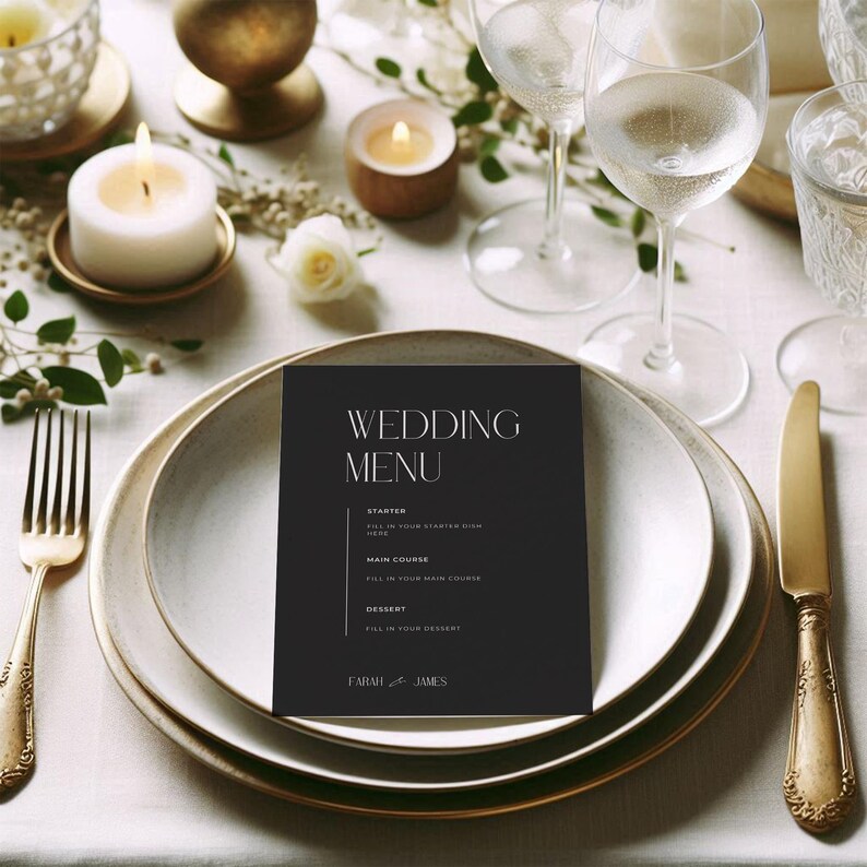 Elegant Black Wedding Menu Template, Minimalist Script (digital ...