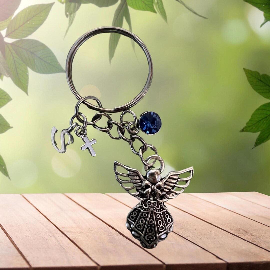 Custom Guardian Angel Keychain With Initial & Birthstone, Personalized ...