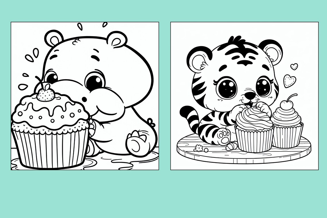 Baby Animals Eating Cupcakes: Animal Characters Coloring Book - Etsy