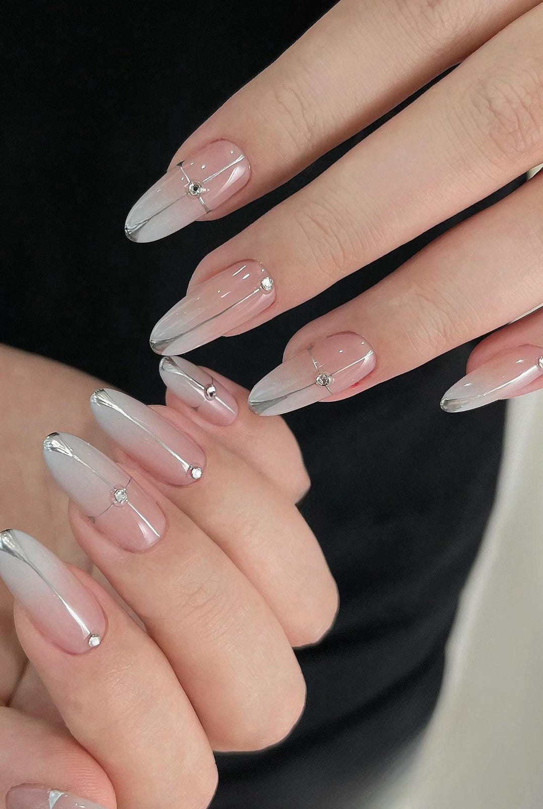 Ombre White Silver Liner Nails, Custom Press on Nails, Hand Painted ...