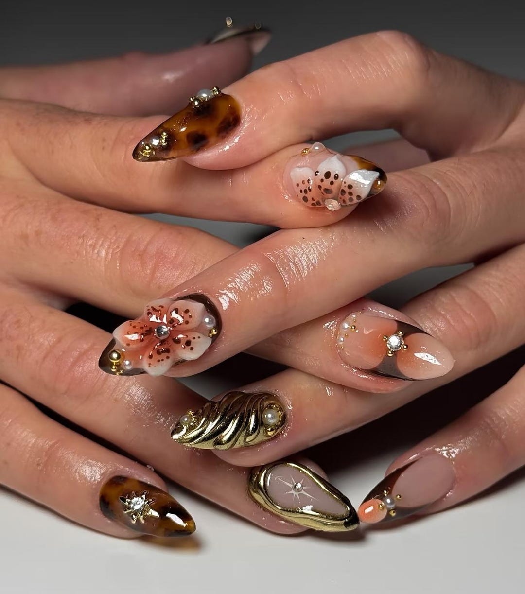 3d Flower Glitter Chrome Tortoise Shell Nails, Custom Press on Nails ...