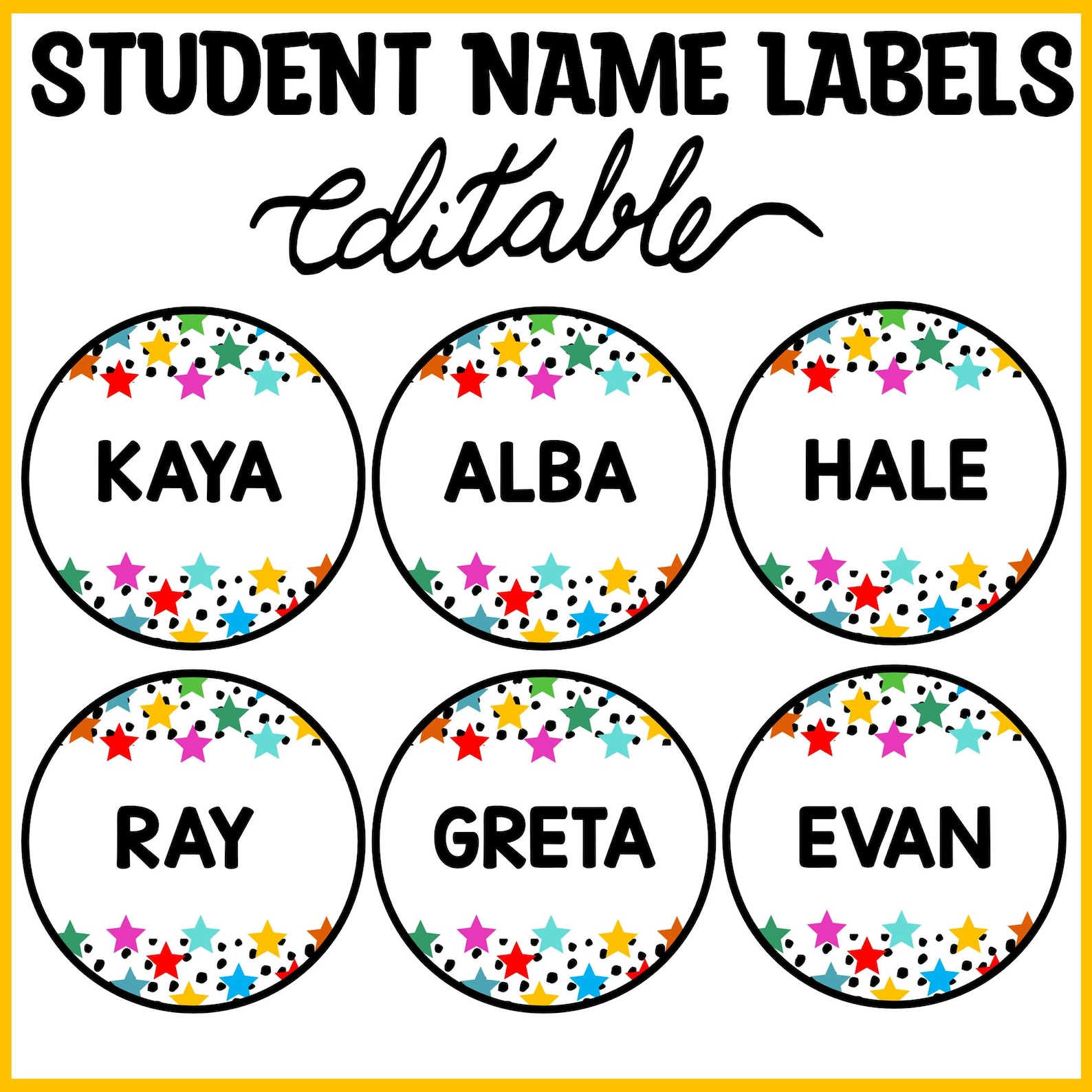Printable Spotty Bright Stars Student Name Labels, Colorful Stars ...