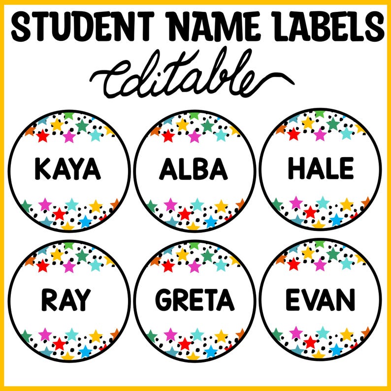 Printable Spotty Bright Stars Student Name Labels, Colorful Stars ...