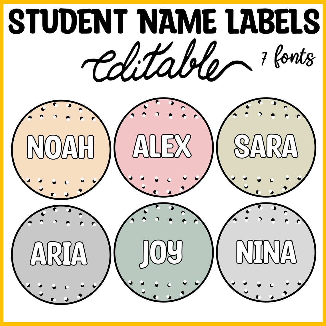 Printable Boho Neutral Student Name Labels, Editable Round Student Name ...