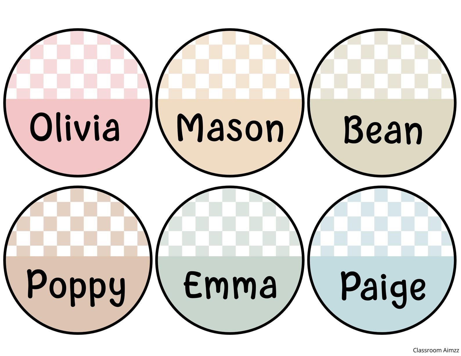 Printable Neutral Colors Round Checkered Student Name Labels, Checkered ...