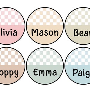Printable Neutral Colors Round Checkered Student Name Labels, Checkered ...