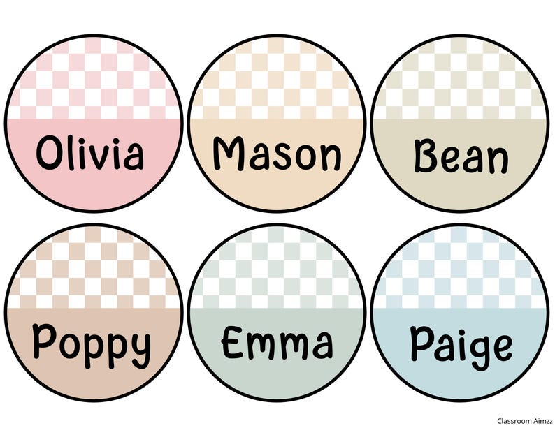 Printable Neutral Colors Round Checkered Student Name Labels, Checkered ...