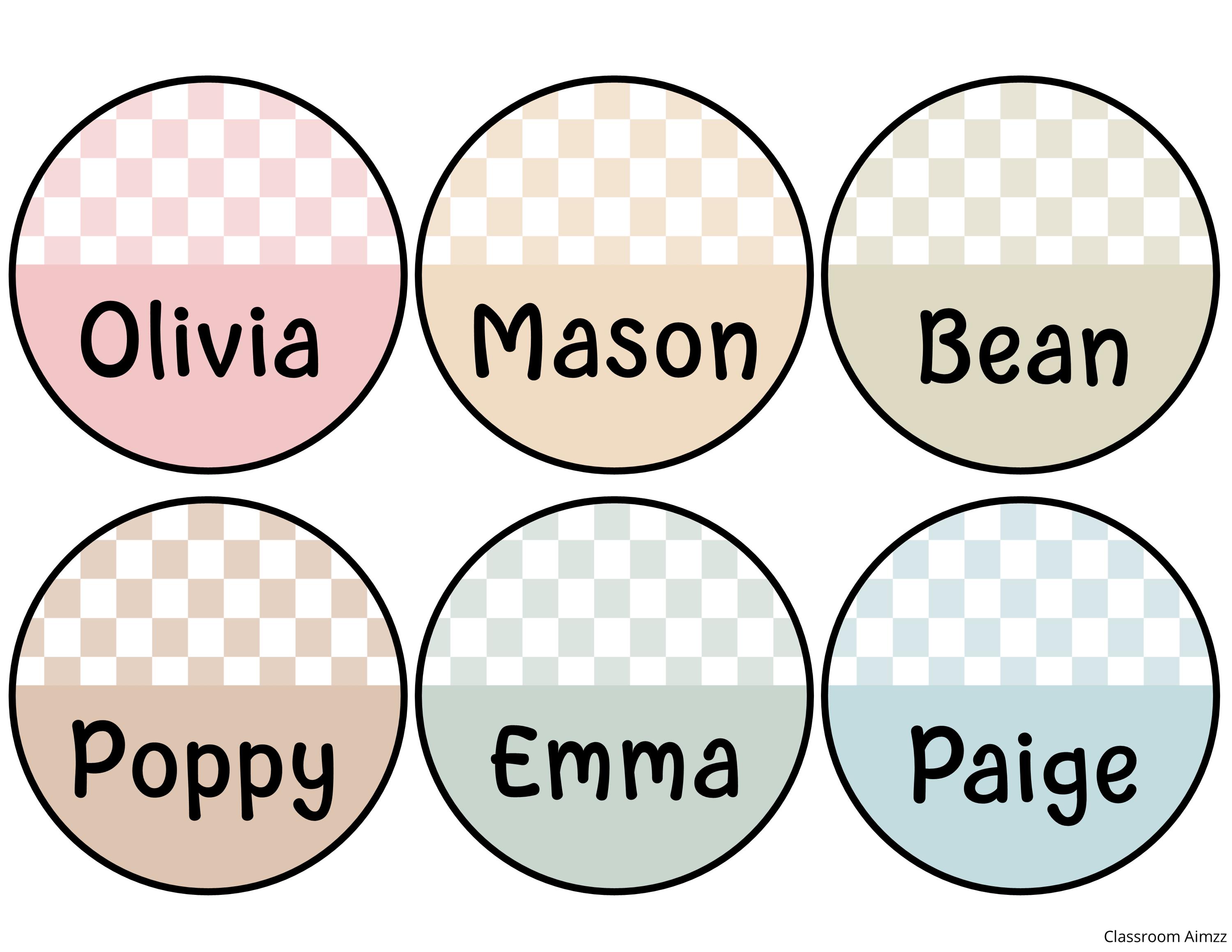 Printable Neutral Colors Round Checkered Student Name Labels, Checkered ...