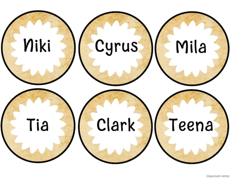 Printable Student Name Labels, Round Vintage Background Name Cards ...