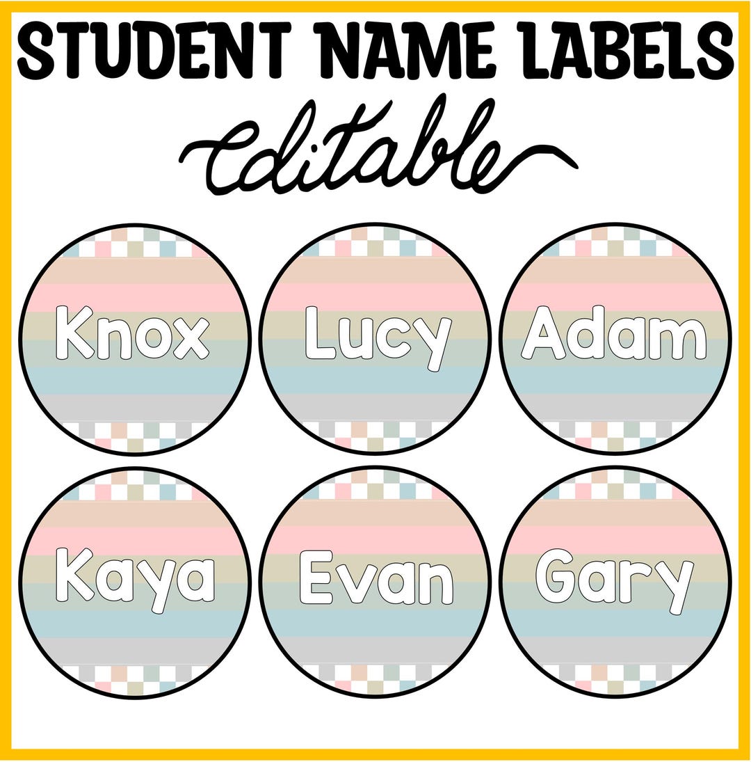 Round Boho Checkered Student Name Labels, KG Calm Colors Name Plates ...