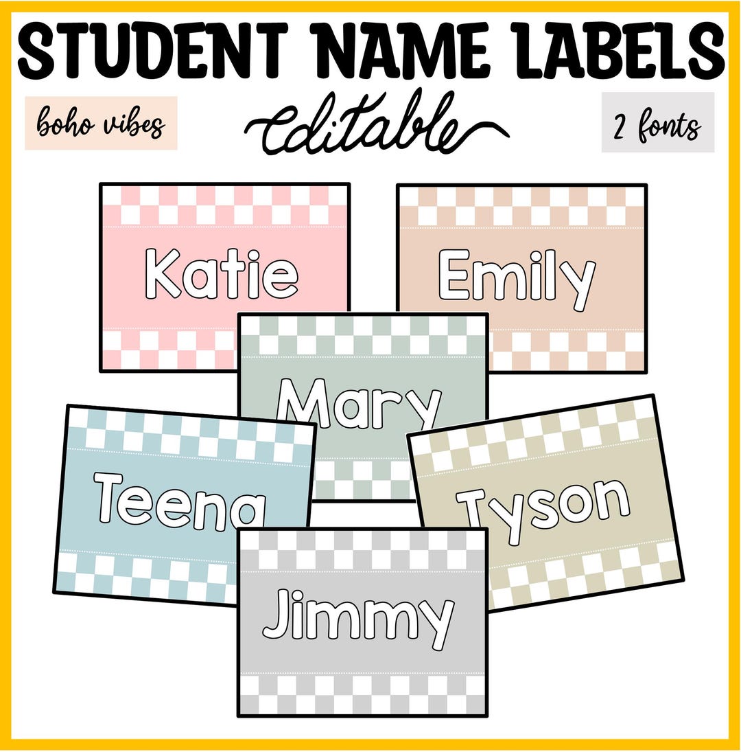 Back to School Printable Boho Neutral Checkered Student Name Labels ...