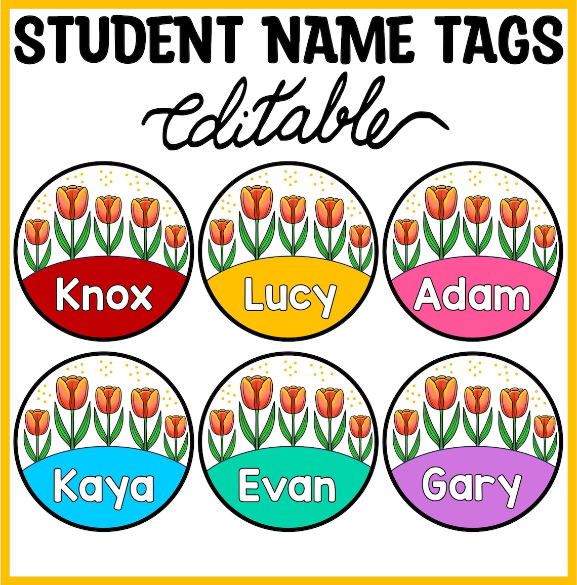 Printable Spring Nametags, Printable Bright Tulip Student Name Labels ...