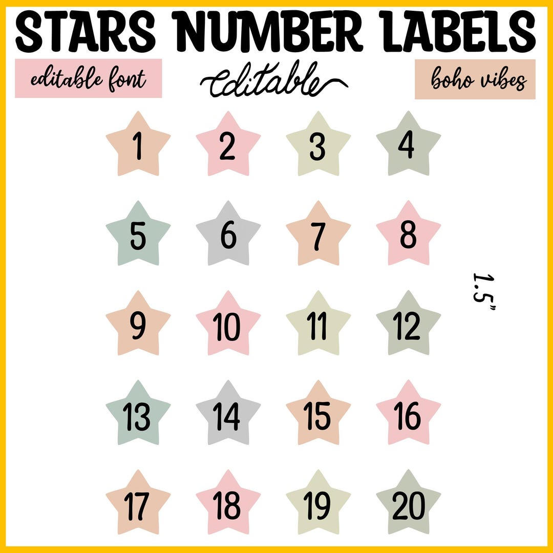 Printable Back to School Boho Neutral Small Stars Number Labels ...