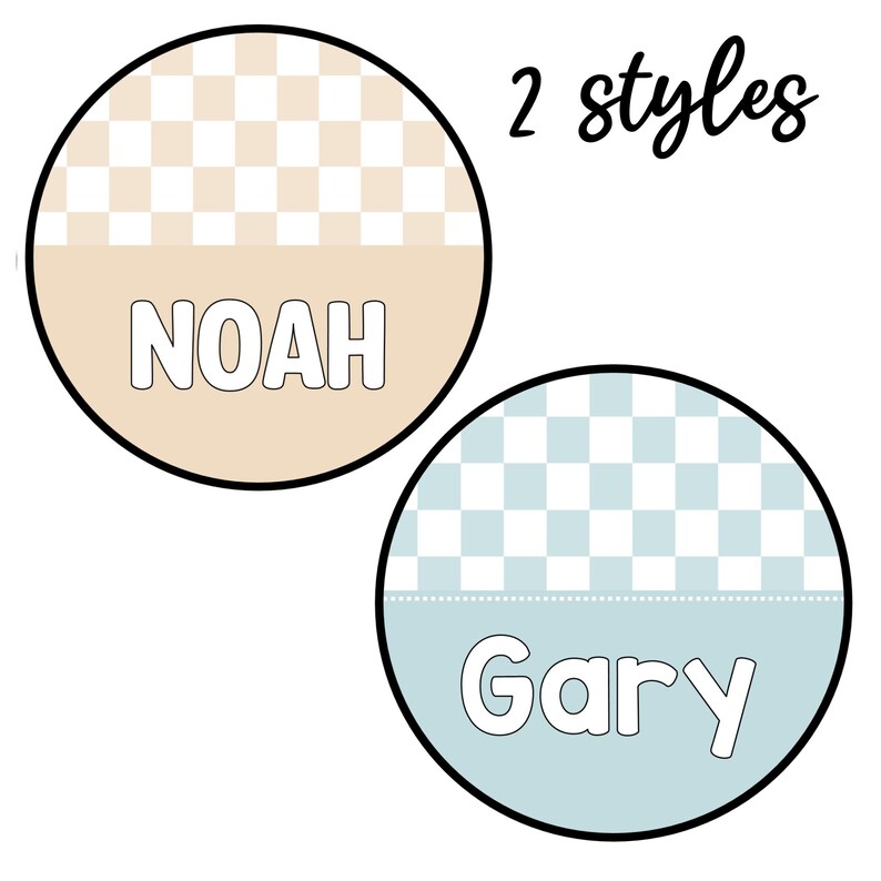Printable Neutral Colors Round Checkered Student Name Labels, Checkered ...