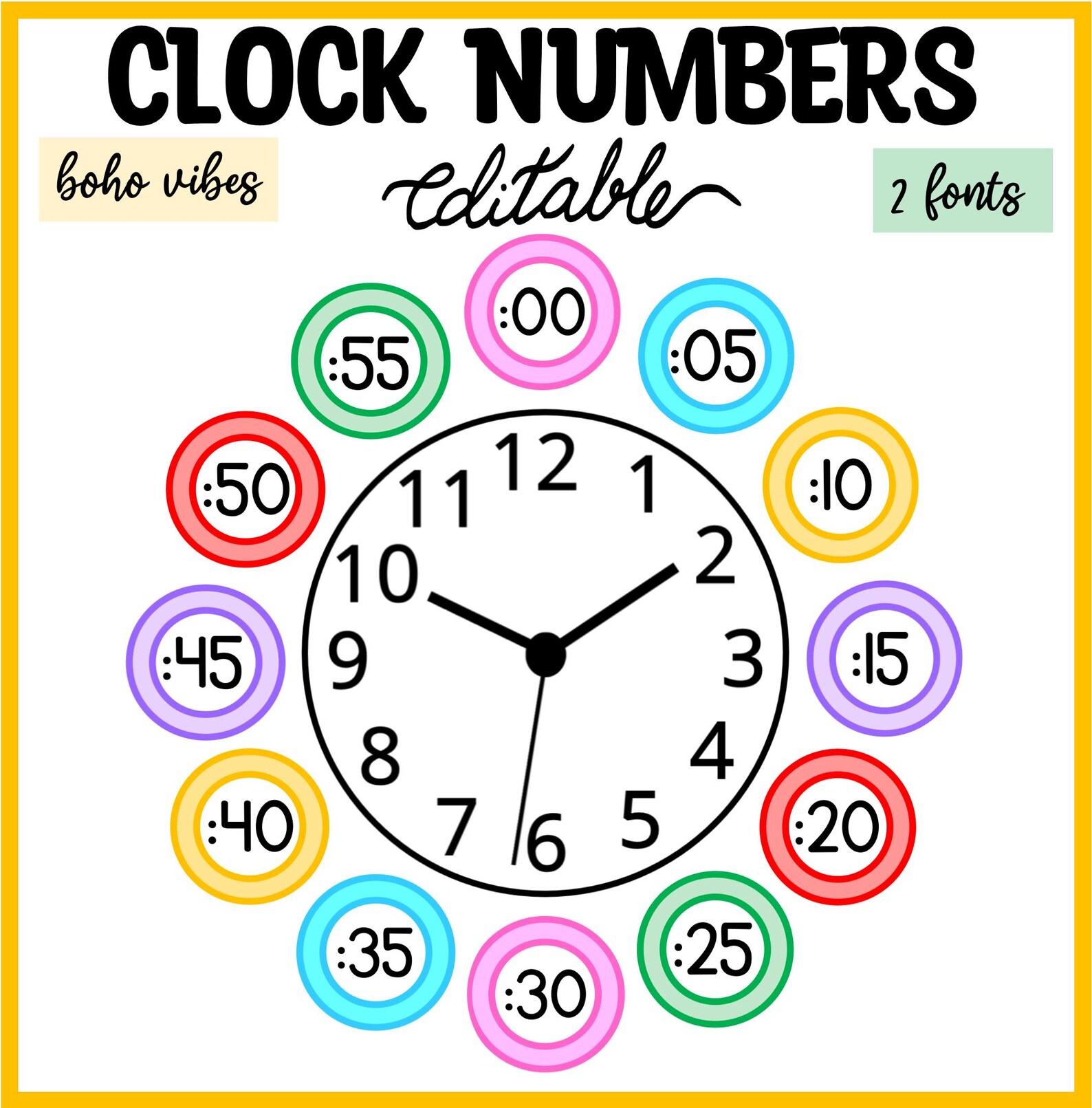 Printable Boho Bright Clock Numbers Display, Editable Clock Numbers ...