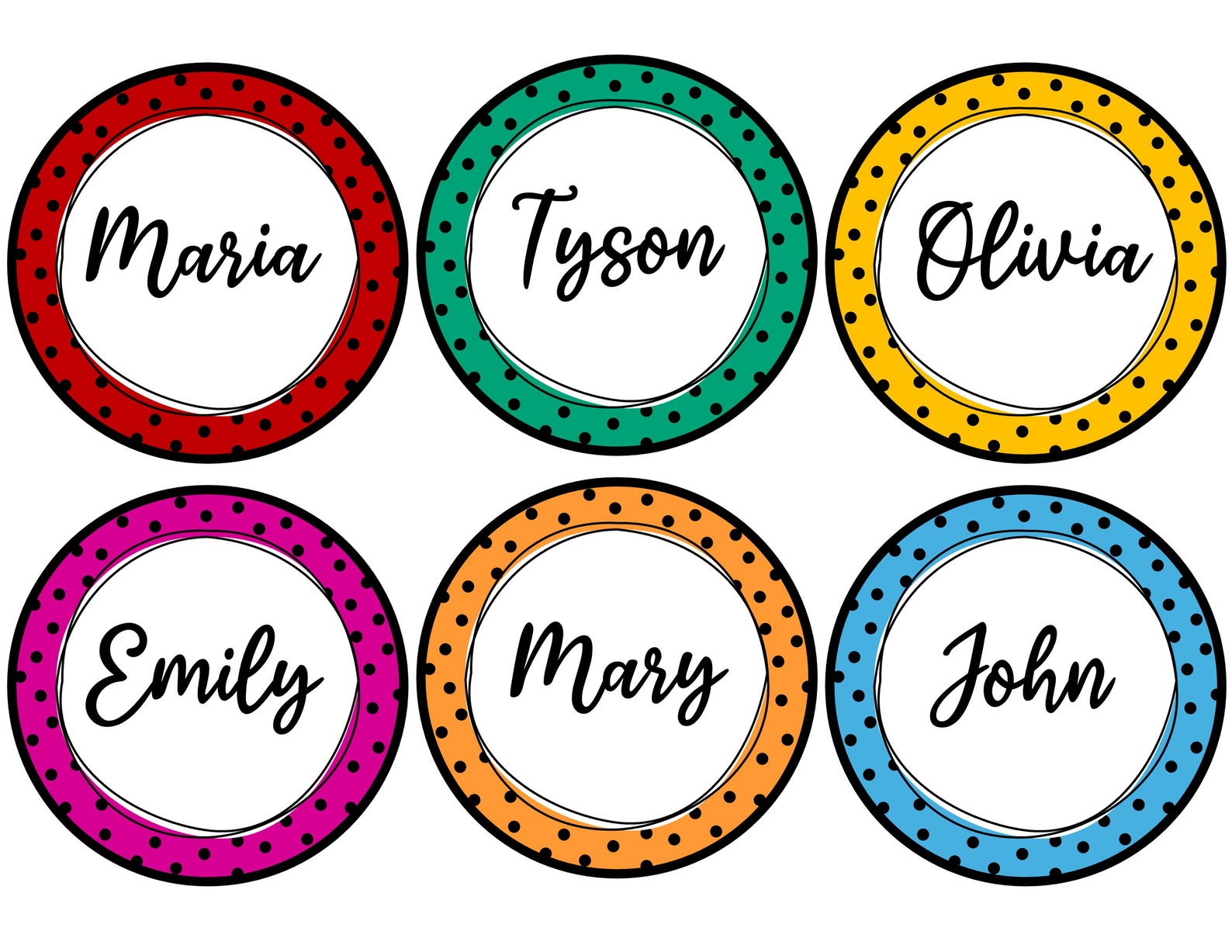 Printable Black and Bright Polka Dots Student Name Labels, Name Signs ...