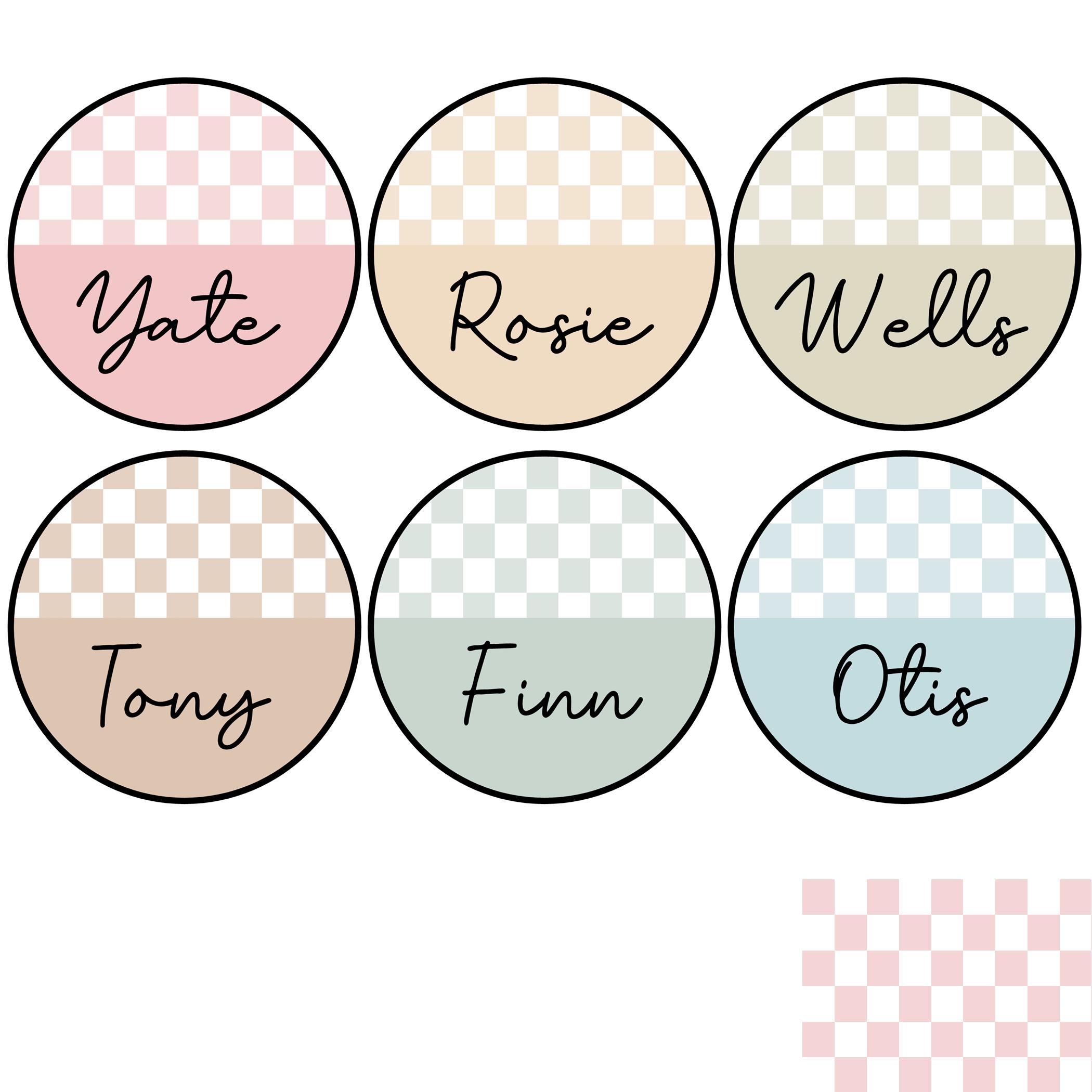Printable Neutral Colors Round Checkered Student Name Labels, Checkered ...