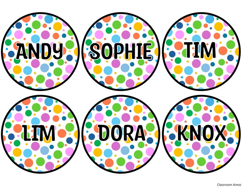 Printable Polka Dots Student Name Labels. Bright and Colorful Round ...