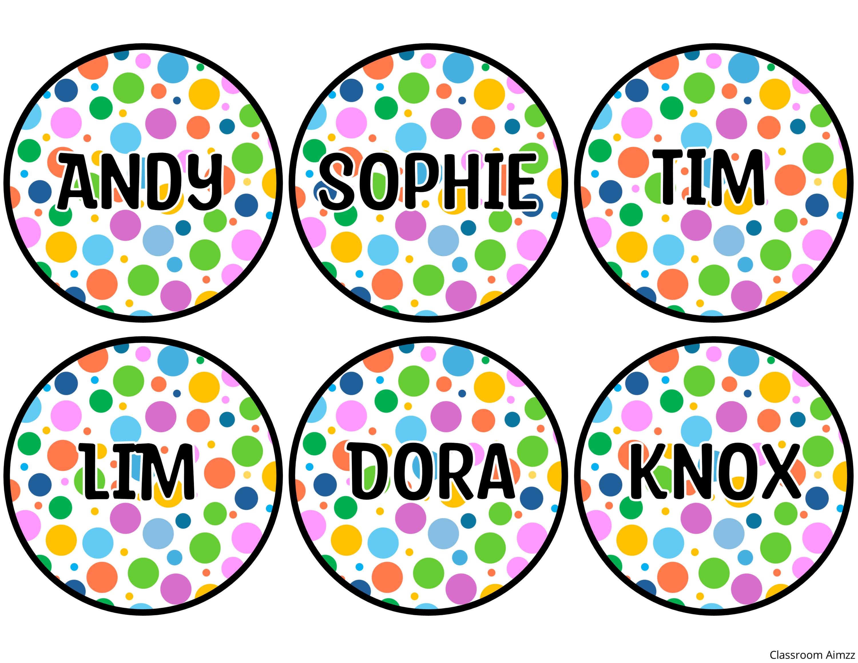 Printable Polka Dots Student Name Labels. Bright and Colorful Round ...
