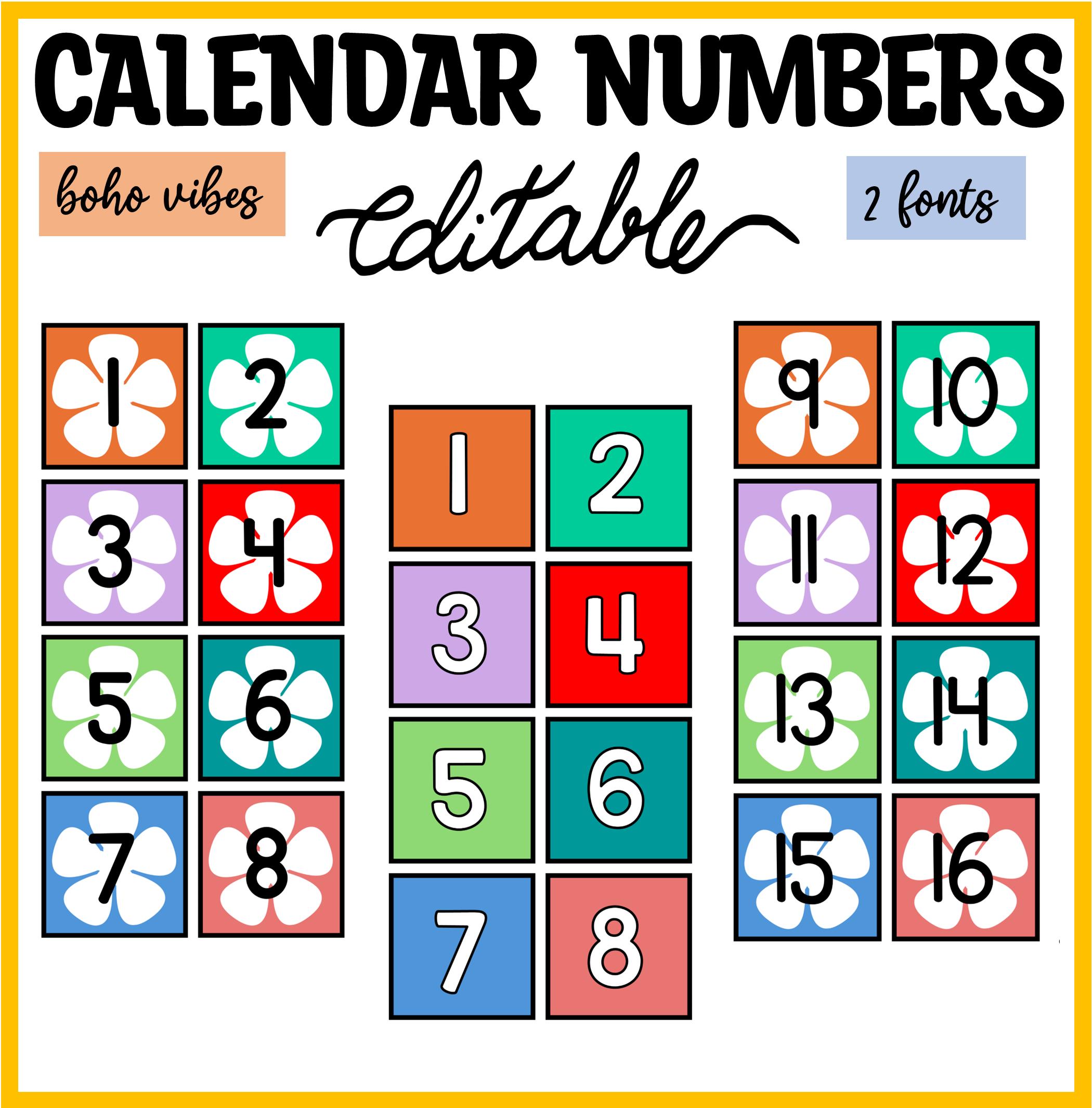 Printable Bright Classroom Calendar Number Labels, Number Tags, Numbers ...