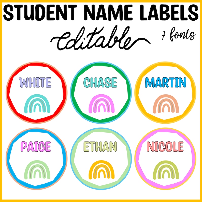Rainbow Name Tags, Student Name Labels Printable, Editable Tags ...