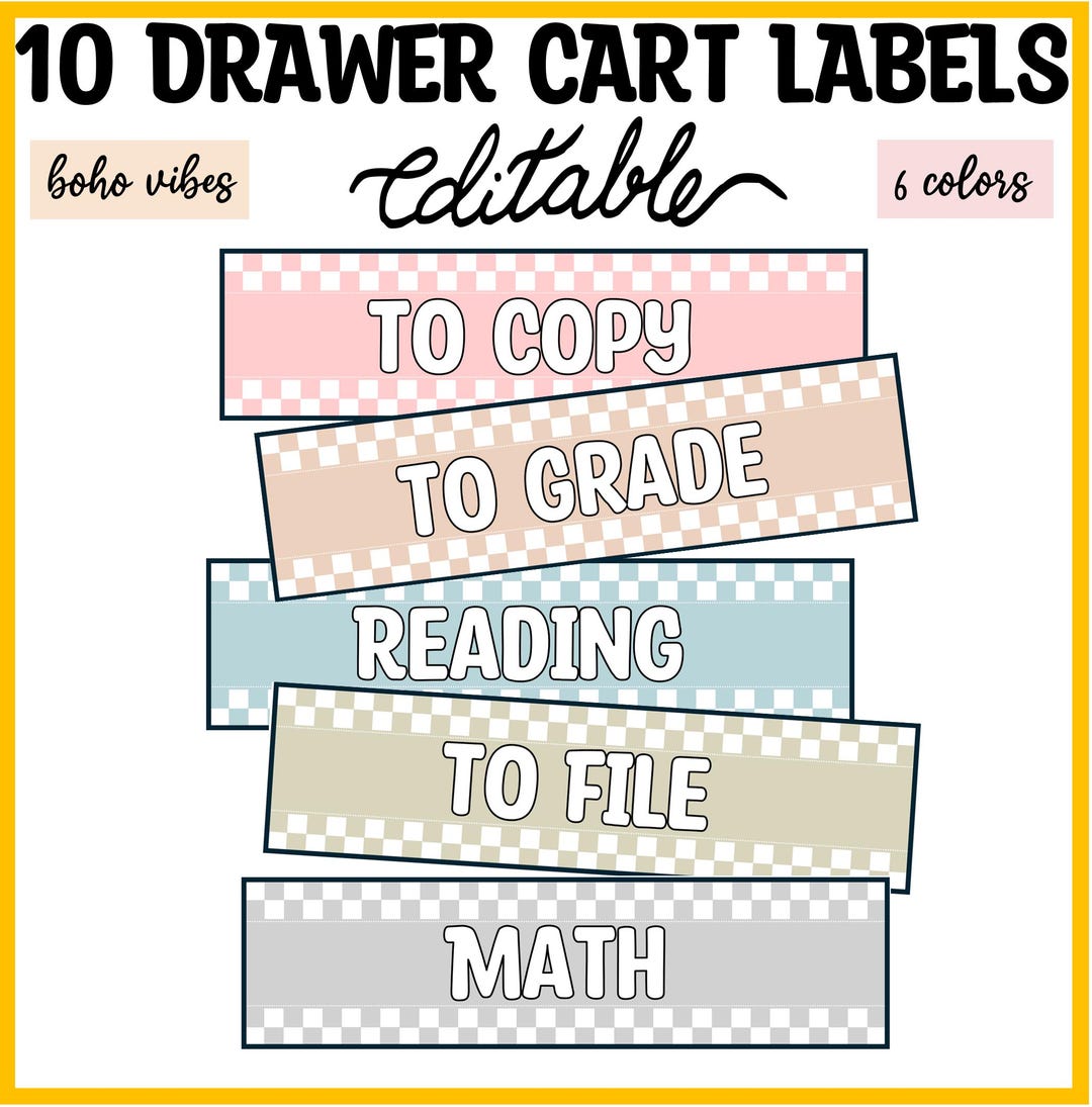 Printable Boho Neutral Checkered 10 Drawer Cart Labels, Editable ...