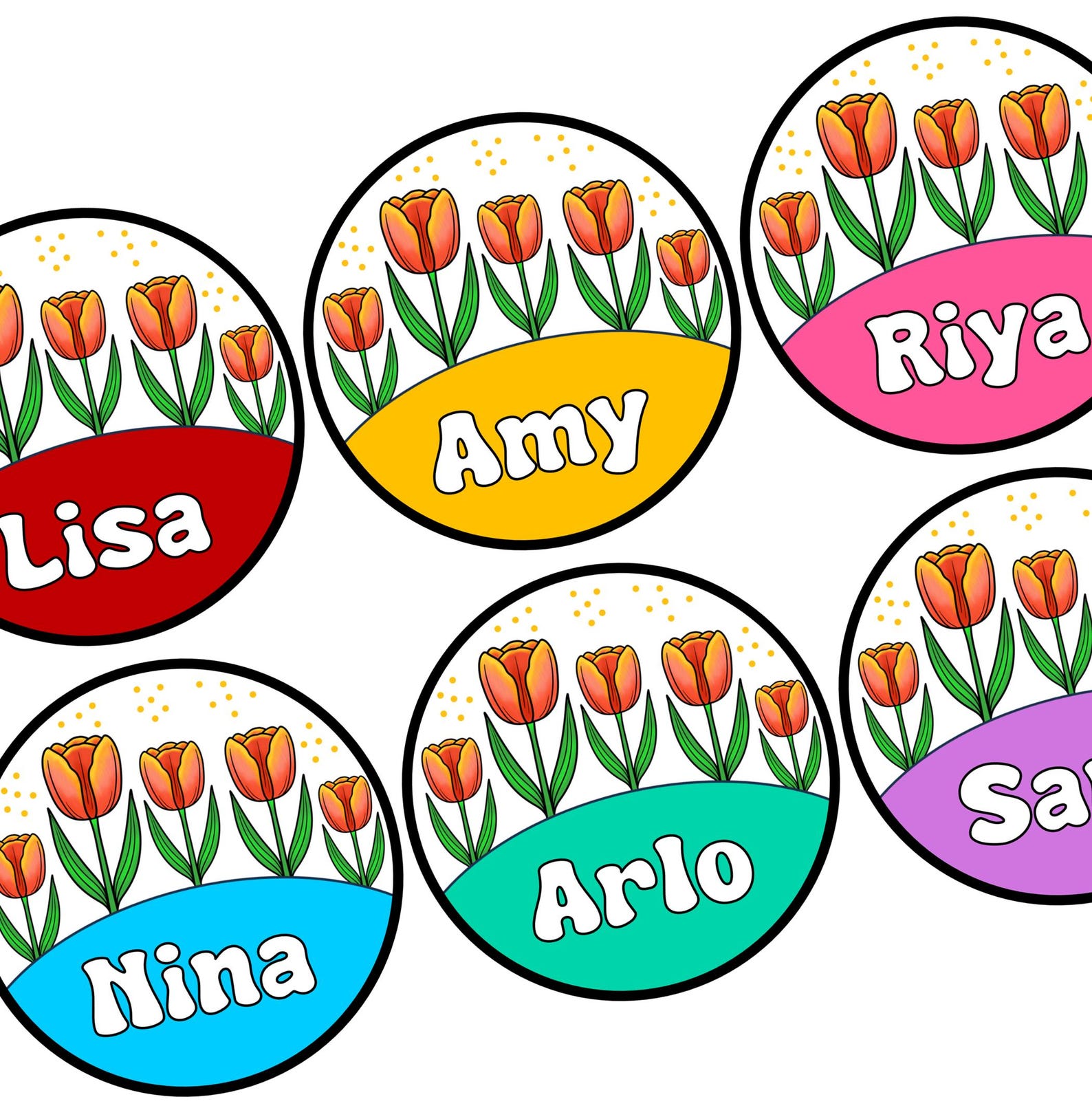 Printable Spring Nametags, Printable Bright Tulip Student Name Labels ...