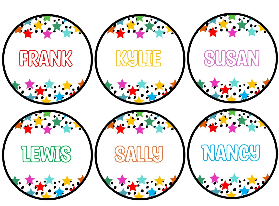 Printable Spotty Bright Stars Student Name Labels, Colorful Stars ...