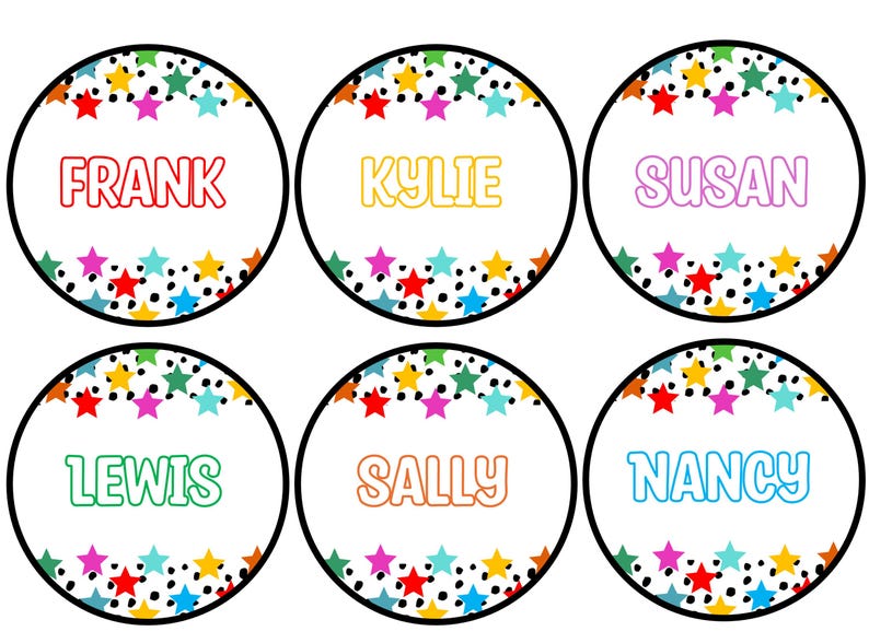 Printable Spotty Bright Stars Student Name Labels, Colorful Stars ...