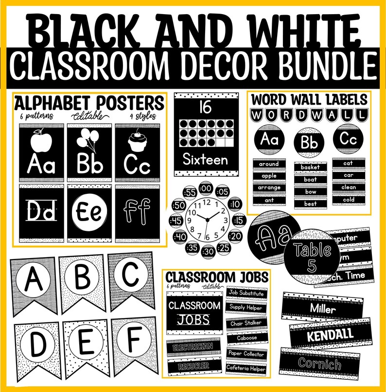 Black and White Abstract Classroom Decor Bundle Pack, Back to School ...