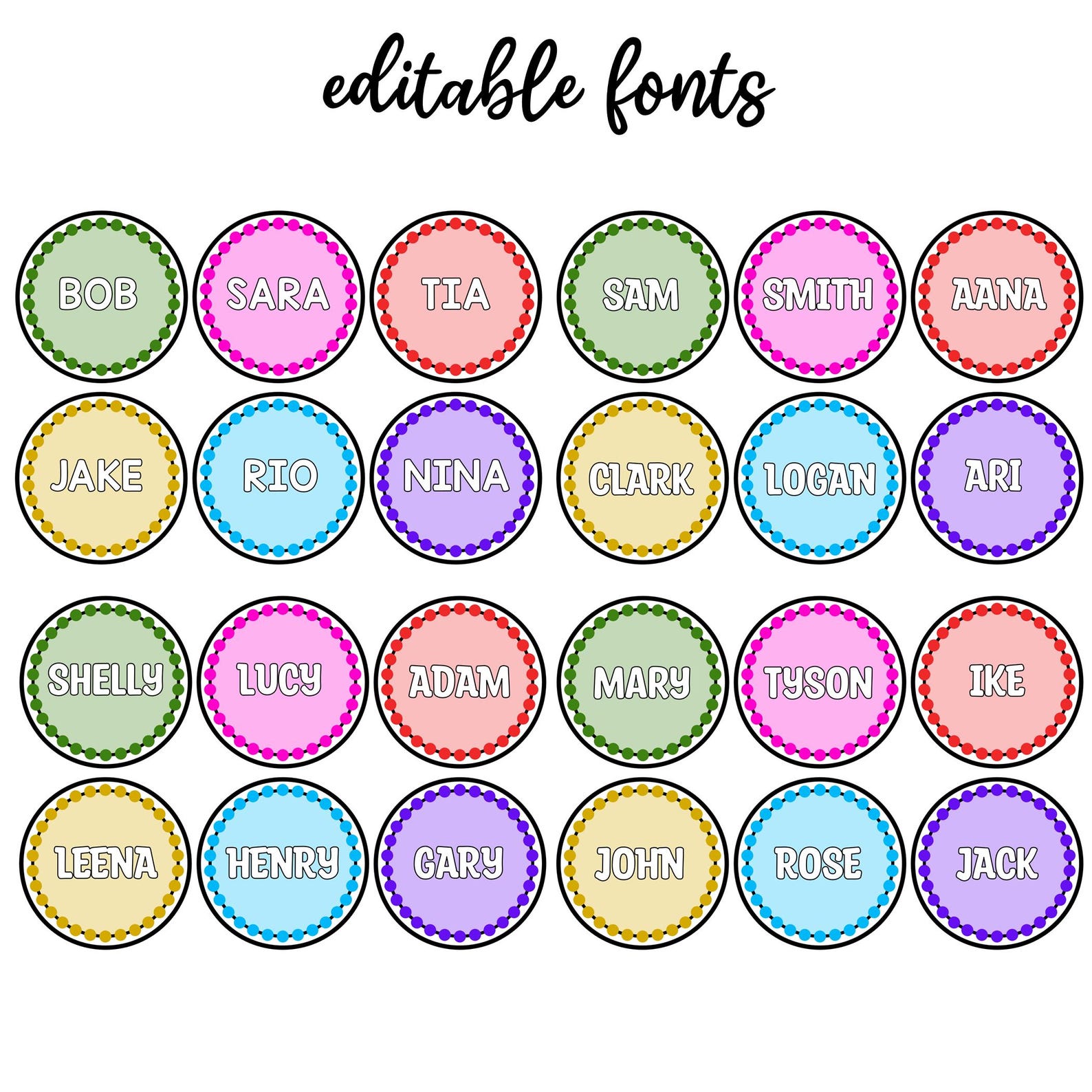 Printable Bright Round Student Name Labels, Circle Name Badges, Name ...