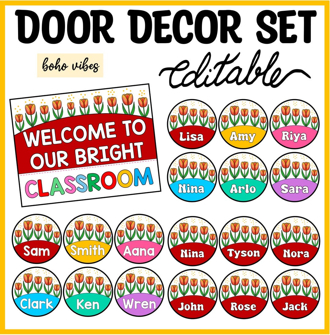 Tulips Theme Classroom Door Display Set, Editable Tulips Welcome ...