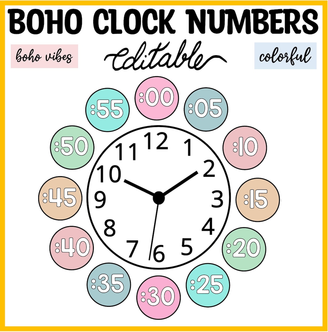Printable Boho Bright Clock Numbers Display, Editable Clock Numbers ...