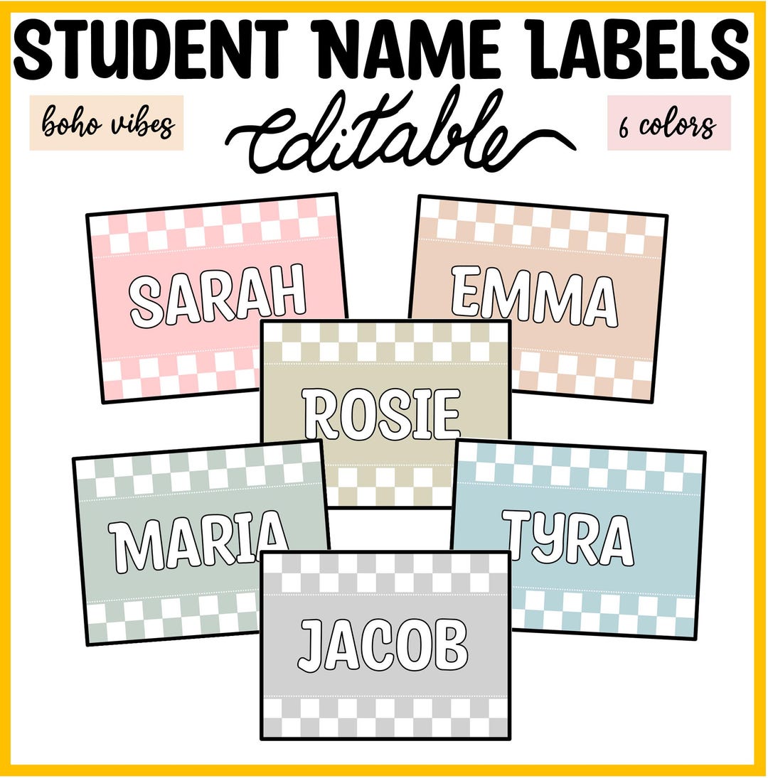 Back to School Printable Boho Neutral Checkered Student Name Labels ...