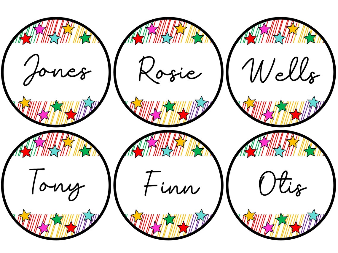 Printable Bright Stars Round Student Name Labels, Colorful Classroom ...