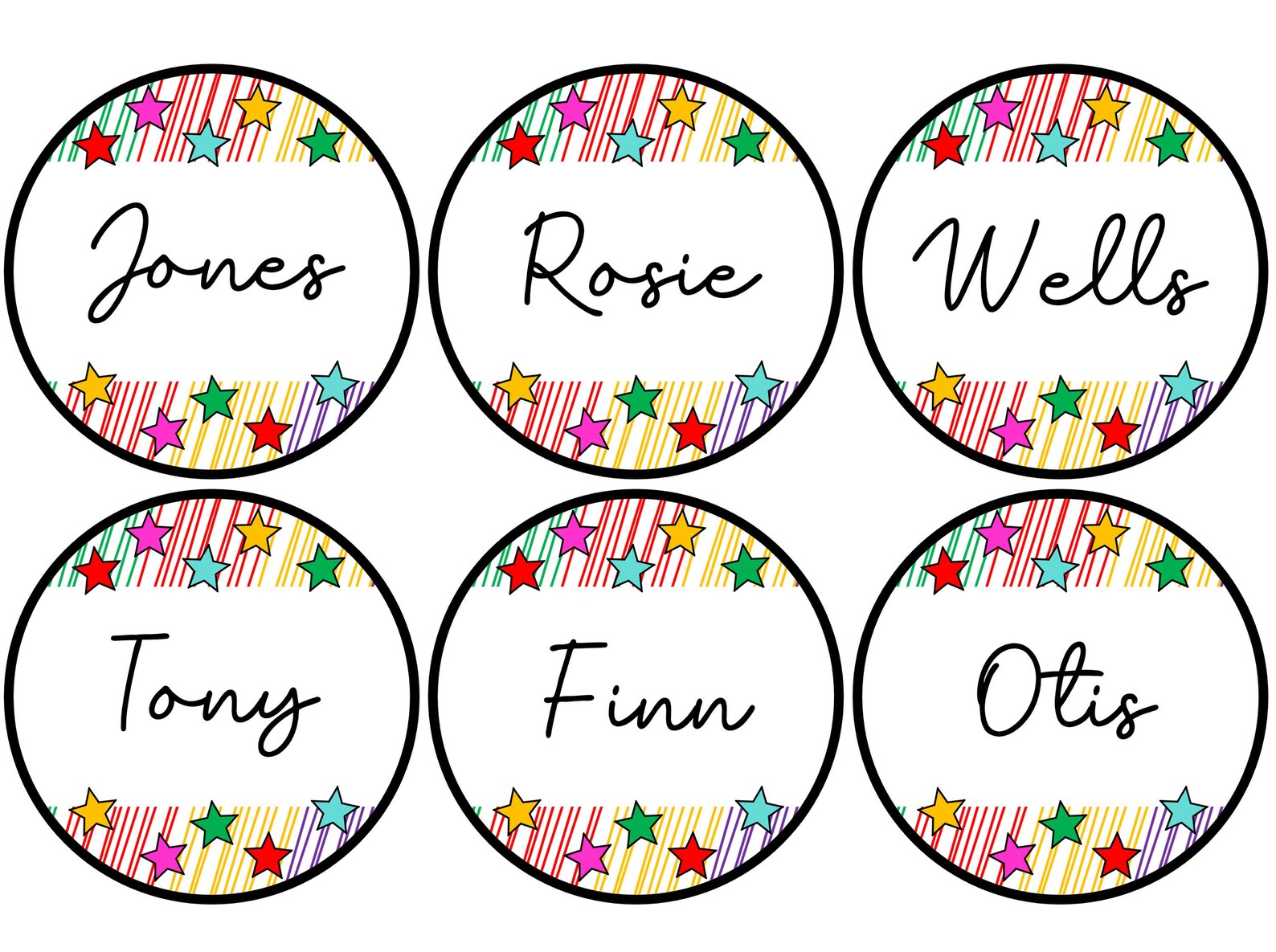 Printable Bright Stars Round Student Name Labels, Colorful Classroom ...