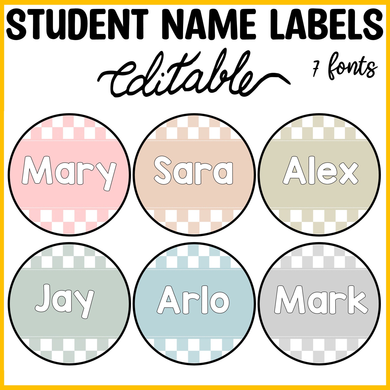 Back to School Round Boho Neutral Checkered Classic Student Name Labels ...