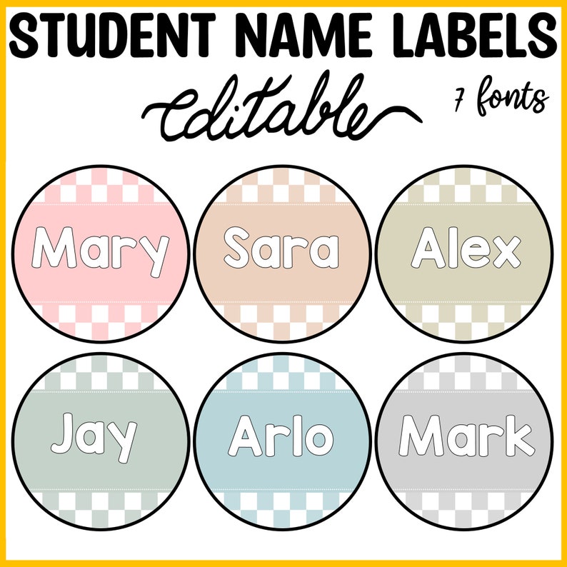 Back to School Round Boho Neutral Checkered Classic Student Name Labels ...
