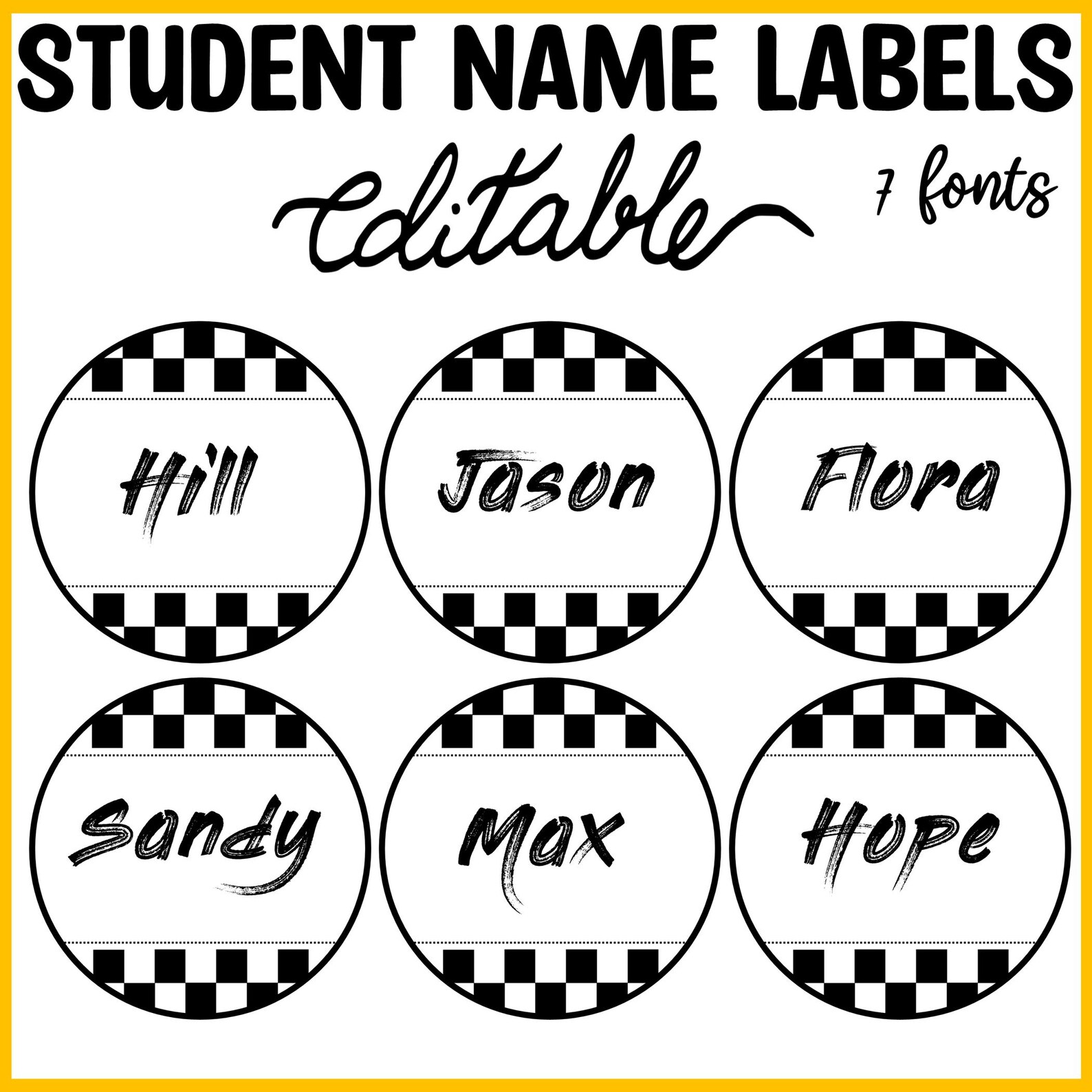 Printable Black and White Student Checkered Name Labels, Editable Name ...