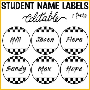 Printable Black and White Student Checkered Name Labels, Editable Name ...