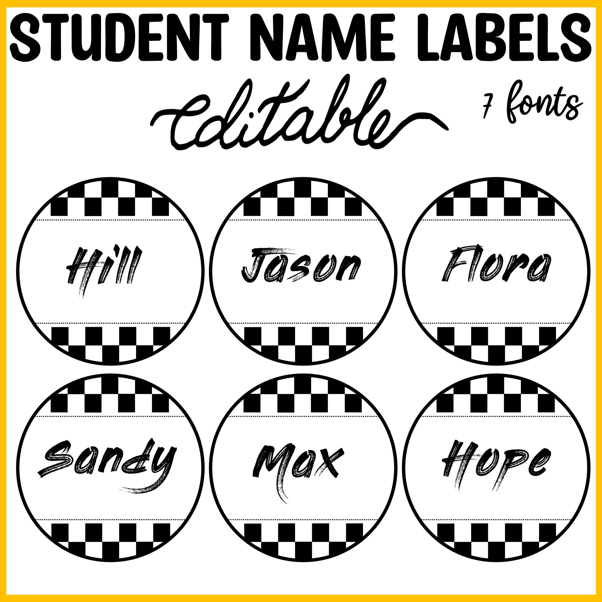 Printable Black and White Student Checkered Name Labels, Editable Name ...