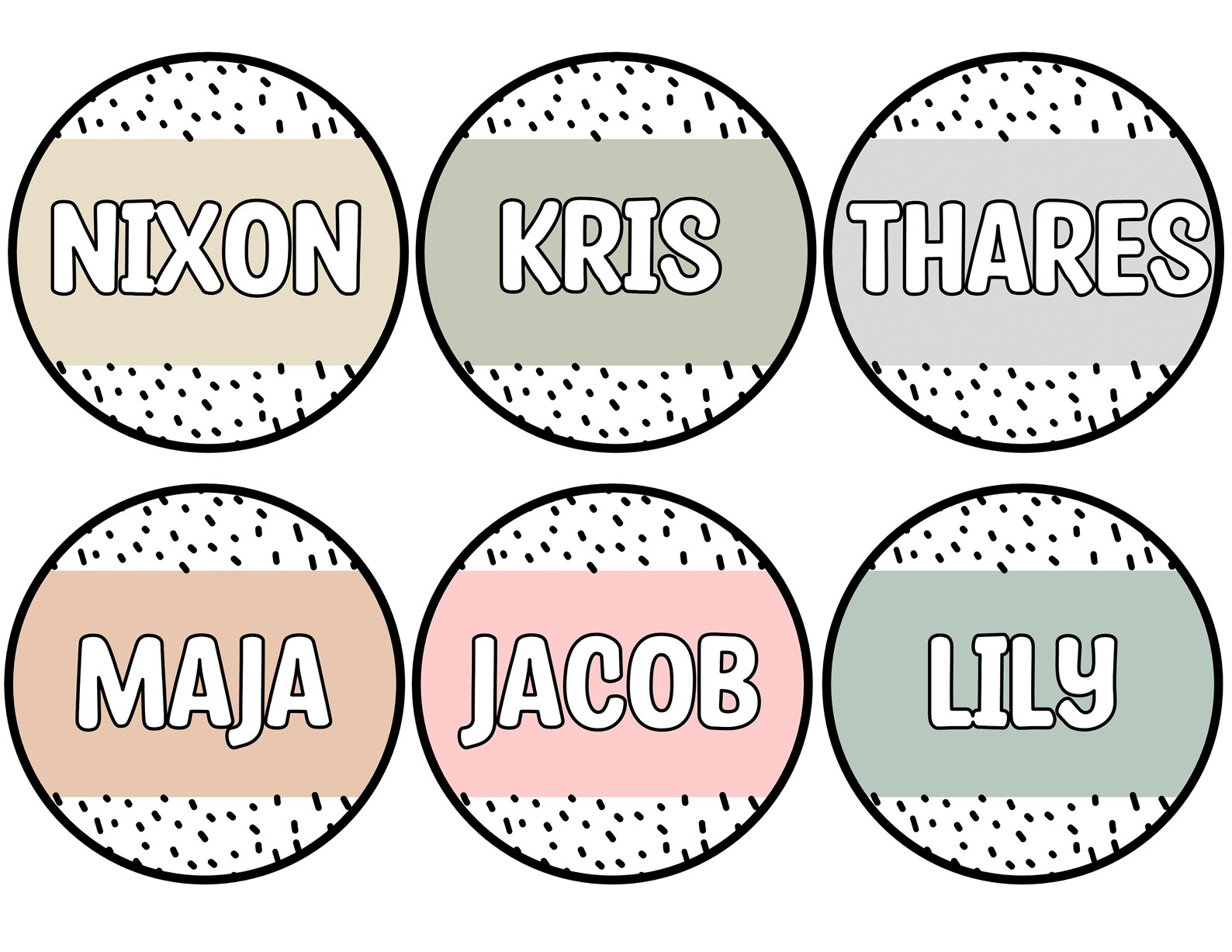 Printable Round Boho Spotty Name Tags, Circular Name Tags, Cubby Labels ...