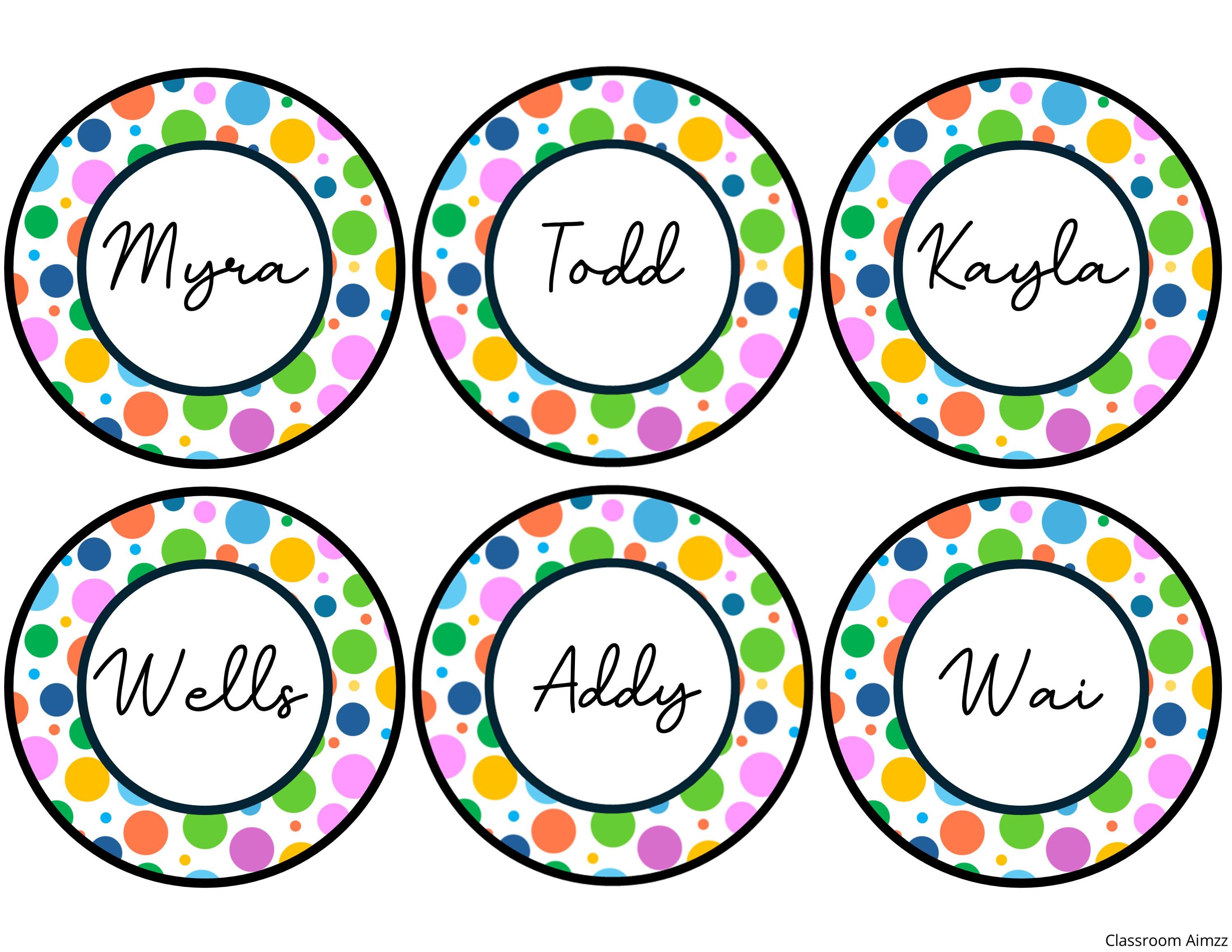 Printable Polka Dots Student Name Labels. Bright and Colorful Round ...