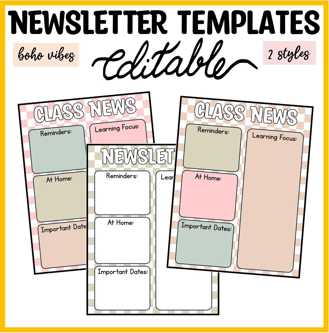 Back to School Classroom Newsletter Templates, Editable Checkered Class ...