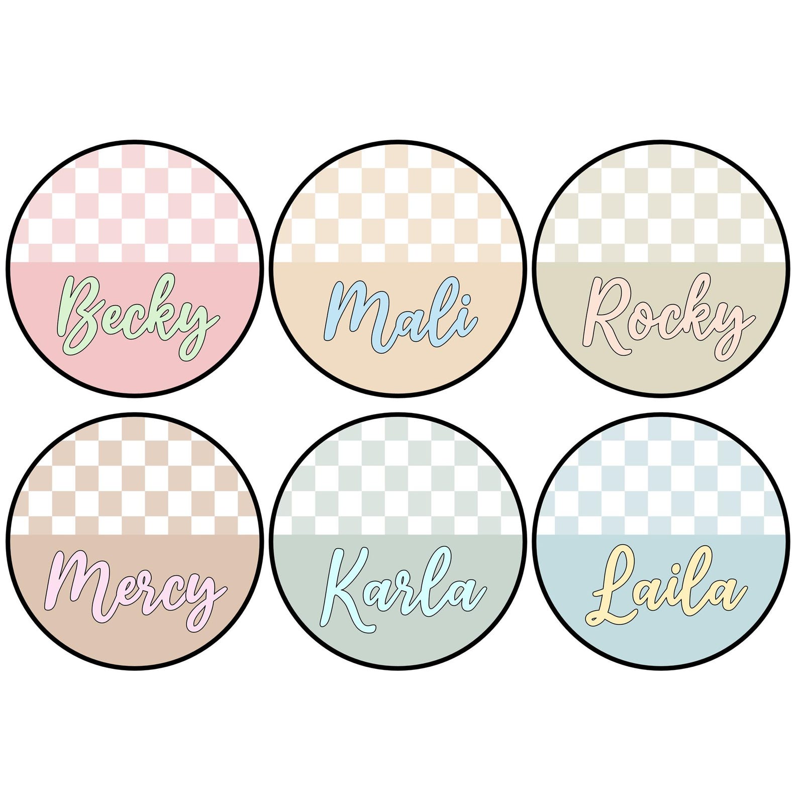 Printable Neutral Colors Round Checkered Student Name Labels, Checkered ...