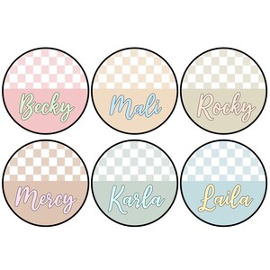 Printable Neutral Colors Round Checkered Student Name Labels, Checkered ...