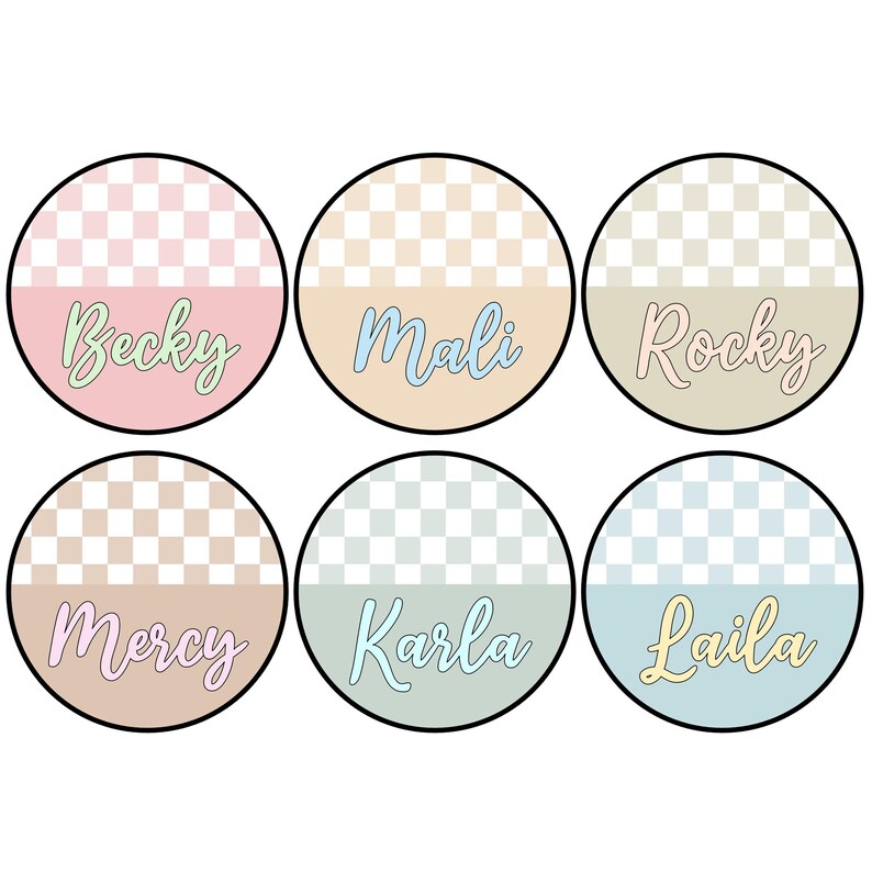 Printable Neutral Colors Round Checkered Student Name Labels, Checkered ...
