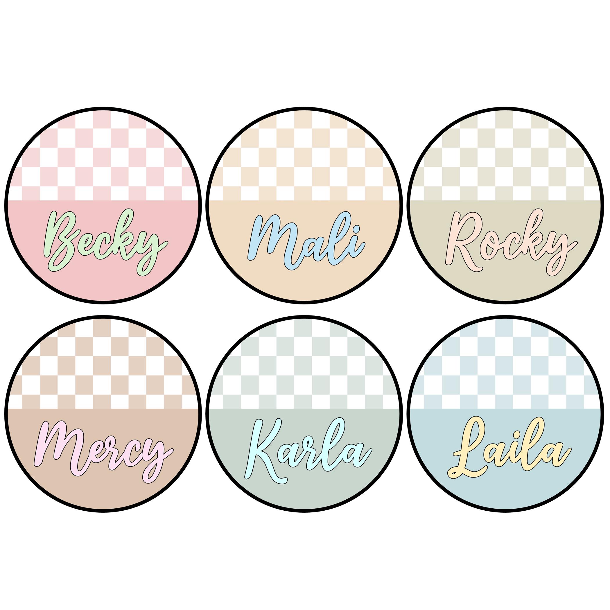 Printable Neutral Colors Round Checkered Student Name Labels, Checkered ...
