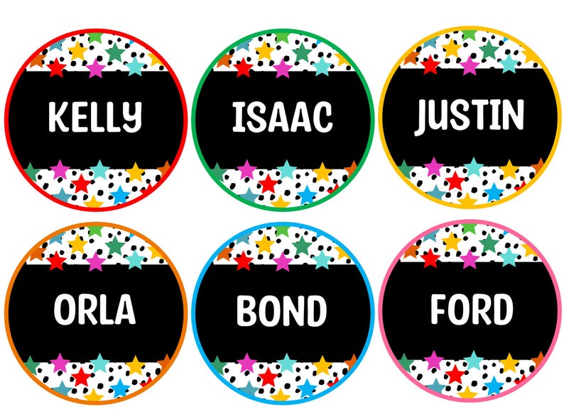 Printable Black and Bright Spotty Stars Student Name Labels, Circle ...
