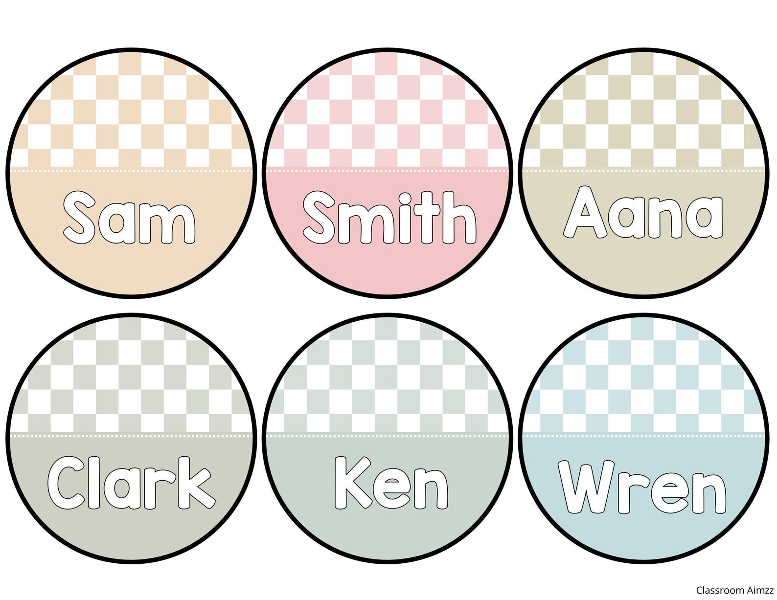 Printable Neutral Colors Round Checkered Student Name Labels, Checkered ...